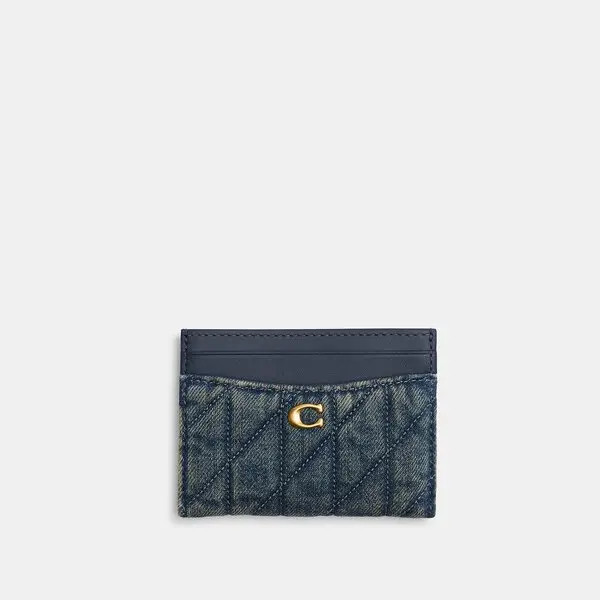 COACH Essential Card Case In Regenerative Cotton Denim With Quilting - Brass/dark Indigo