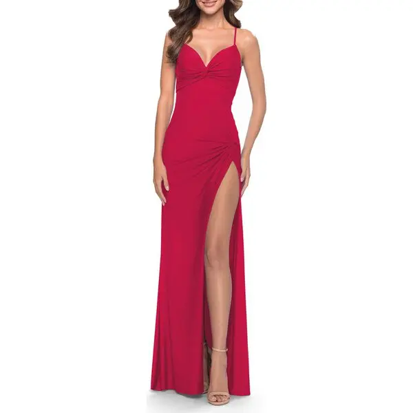 La Femme Jersey Column Gown With Knotted Detail - Red