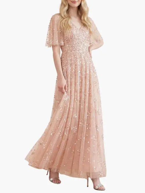 NEEDLE & THREAD Leila Dot V-neck Cape Ankle Gown - Parchment