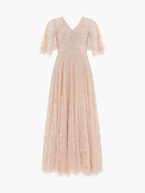 NEEDLE & THREAD Leila Dot V-neck Cape Ankle Gown - Parchment
