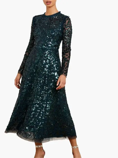 NEEDLE & THREAD Aurelia Long Sleeve Ballerina Dress - Emerald Green