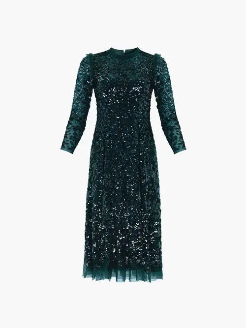 NEEDLE & THREAD Aurelia Long Sleeve Ballerina Dress - Emerald Green