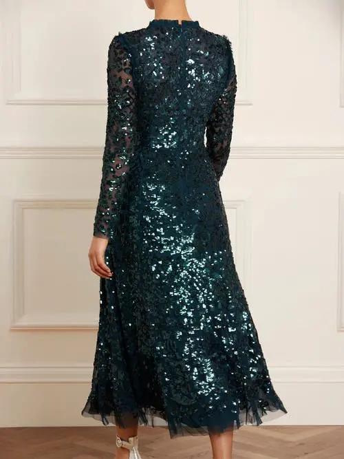 NEEDLE & THREAD Aurelia Long Sleeve Ballerina Dress - Emerald Green