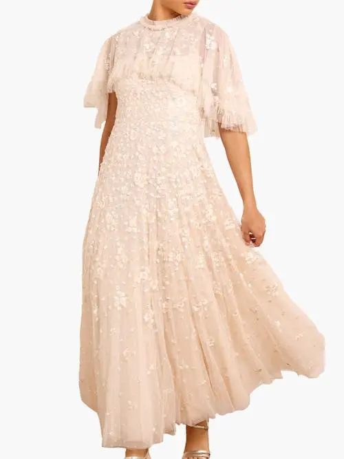 NEEDLE & THREAD Dahlia Ditsy Short Cape Ankle Gown - Cream