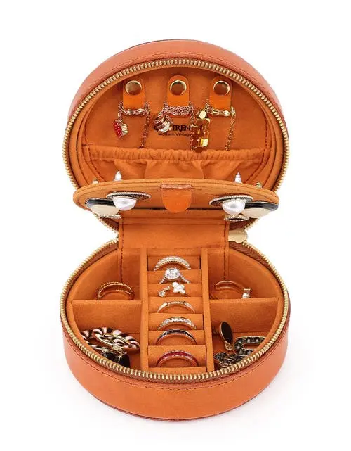 OLD TREND Round Leather Travel Jewelry Box - Caramel