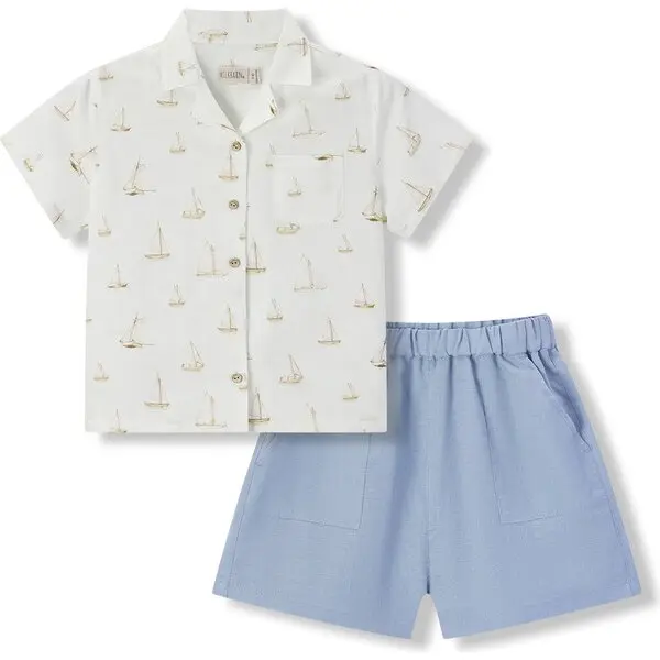 MILKBARN Linen Buttonup Shirt And Shorts Set - Sailboat Melody