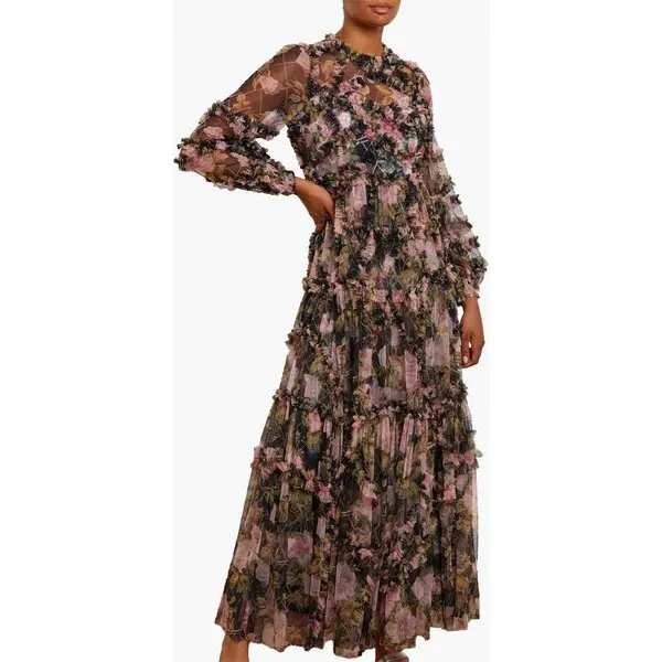 NEEDLE & THREAD English Rose Diamond Ruffle Gown