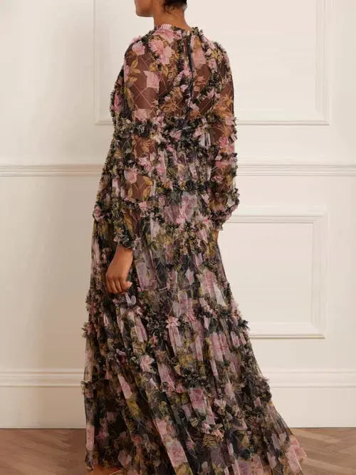 NEEDLE & THREAD English Rose Diamond Ruffle Gown