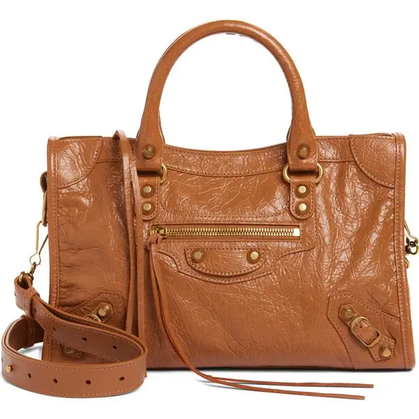 Balenciaga Le City Crinkle Leather Satchel - 2630 Camel