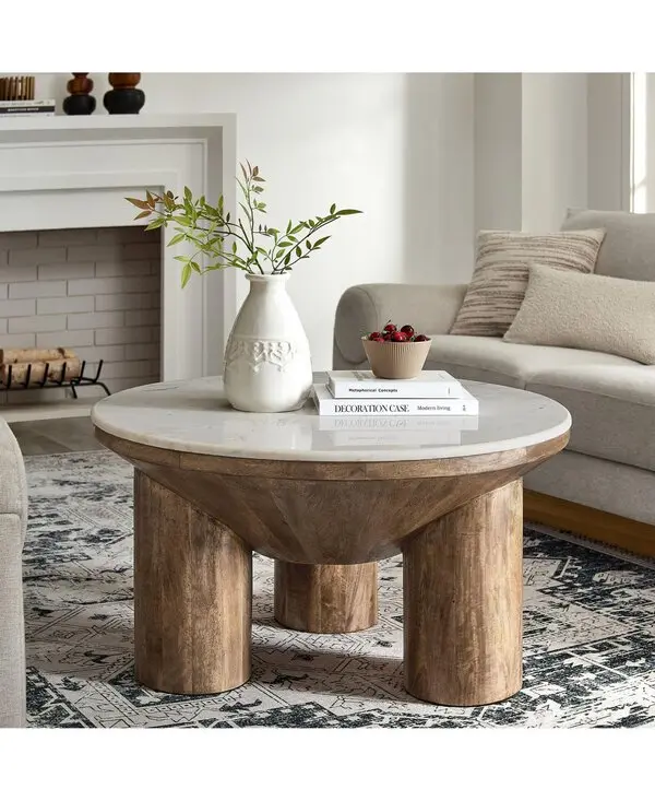 MODWAY Ellison 33" Round Wood Coffee Table With Marble Top