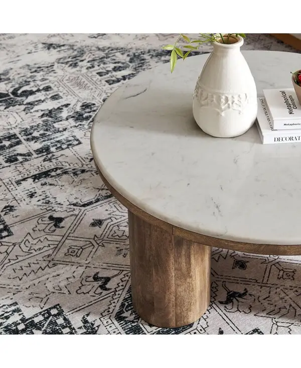MODWAY Ellison 33" Round Wood Coffee Table With Marble Top