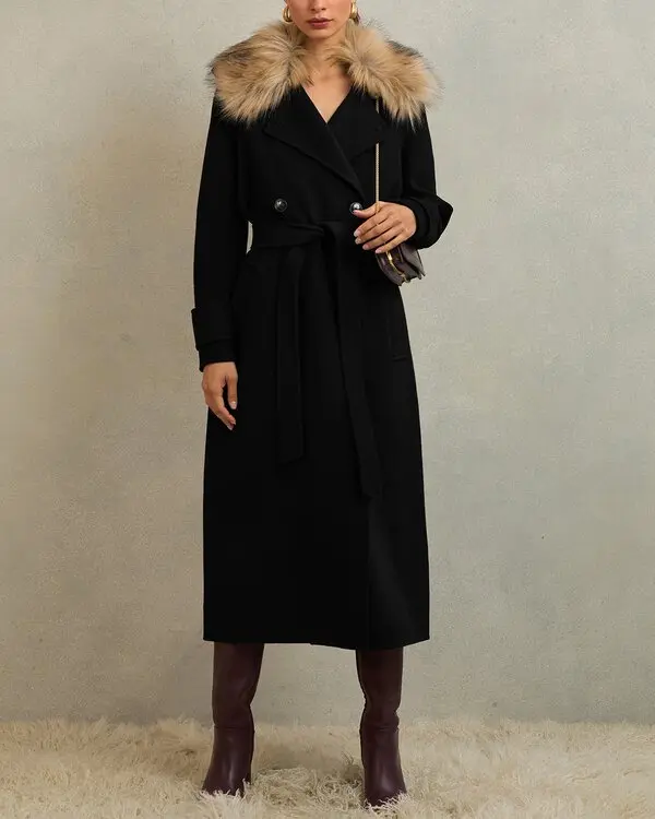 REISS Faux Fur Blind Seam Wool Coat