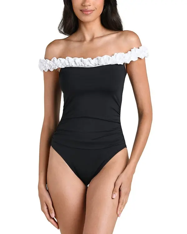 La Blanca Island Goddess Off The Shoulder One Piece Swimsuit - Black And White