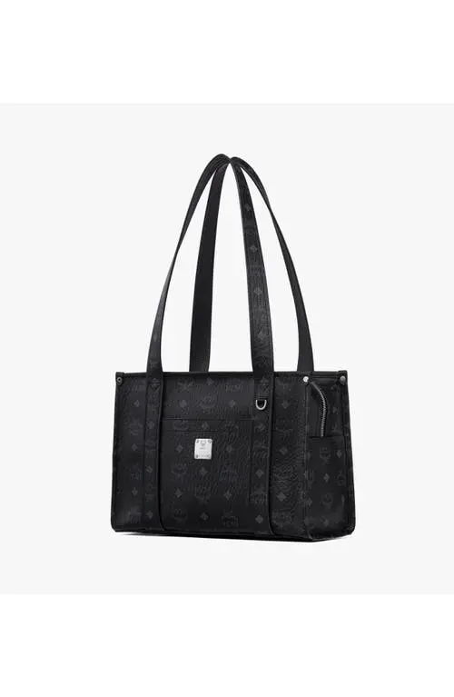 Mcm Visetos Monogram Canvas Tote Bag With Nappa Leather Trim