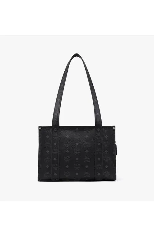 Mcm Visetos Monogram Canvas Tote Bag With Nappa Leather Trim