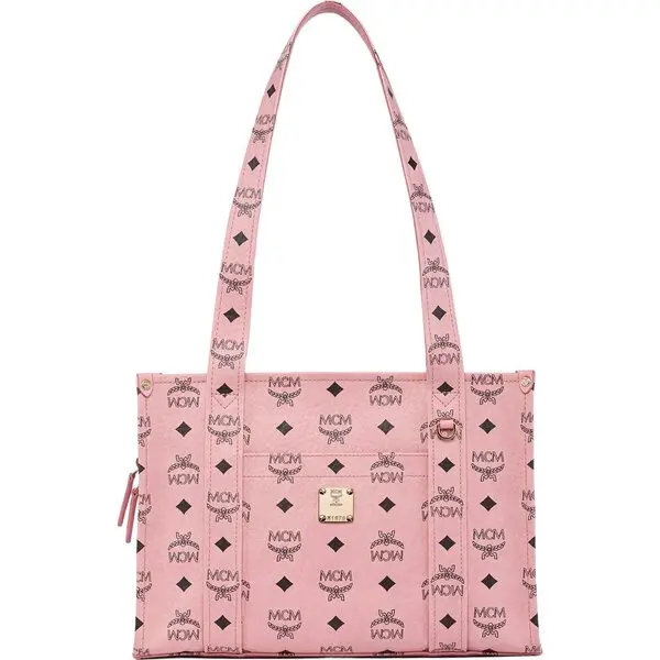Mcm Visetos Monogram Canvas Tote Bag With Nappa Leather Trim