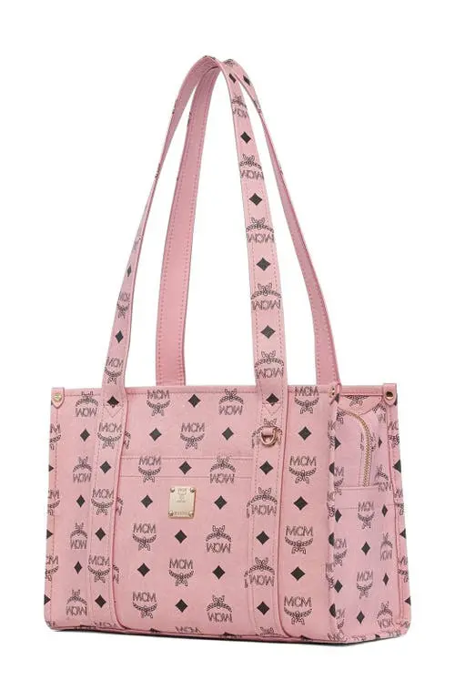 Mcm Visetos Monogram Canvas Tote Bag With Nappa Leather Trim