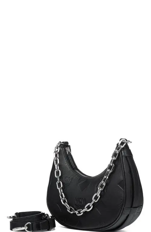 Mcm Aren Crescent Hobo Bag In Maxi Monogram Leather - Black