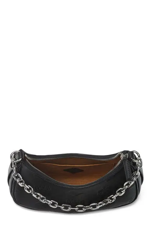 Mcm Aren Crescent Hobo Bag In Maxi Monogram Leather - Black
