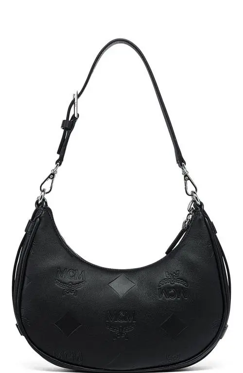 Mcm Aren Crescent Hobo Bag In Maxi Monogram Leather - Black