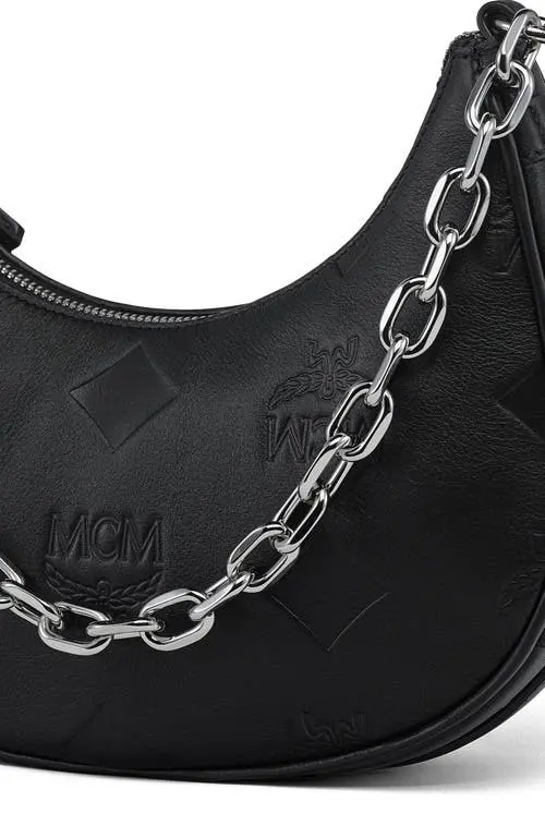 Mcm Aren Crescent Hobo Bag In Maxi Monogram Leather - Black
