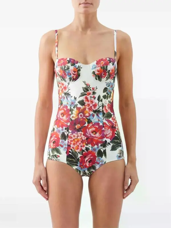 Dolce & Gabbana Flower Bouquet-print Balconette One-piece Swimsuit - White