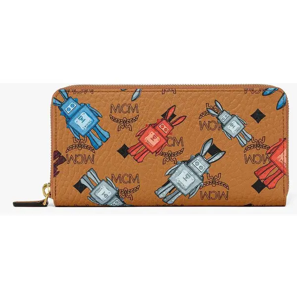 Mcm Aren Zip Around Wallet In Rabot Visetos - Cognac