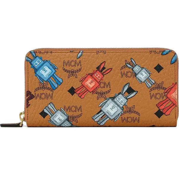 Mcm Aren Zip Around Wallet In Rabot Visetos - Cognac