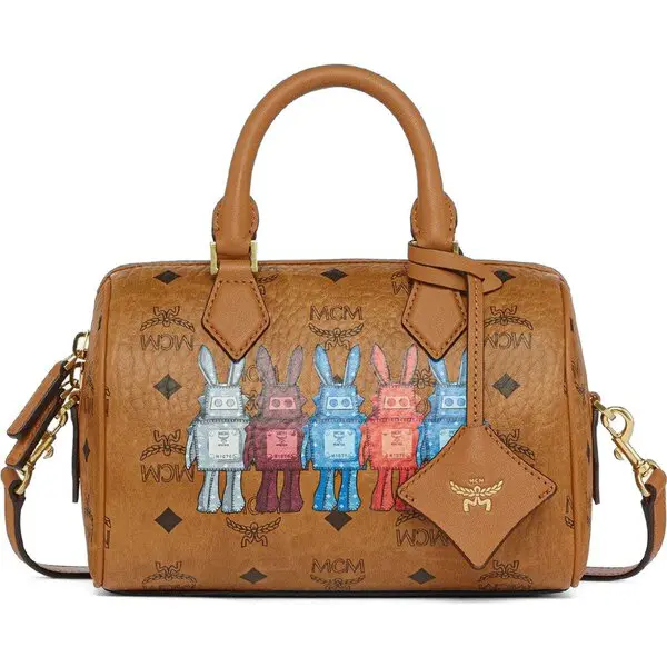 Mcm Small Ella Boston Bag In Visetos - Cognac