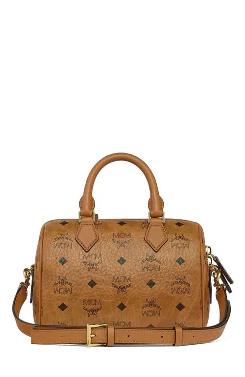 Mcm Small Ella Boston Bag In Visetos - Cognac