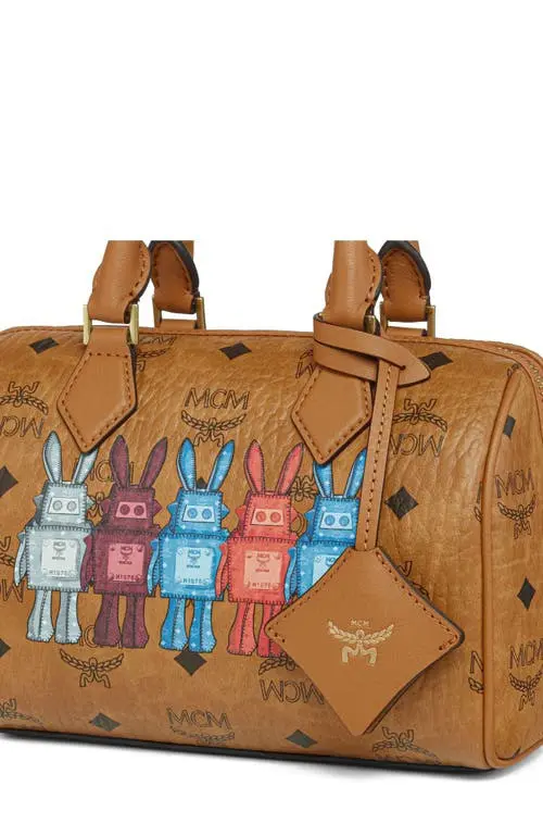 Mcm Small Ella Boston Bag In Visetos - Cognac