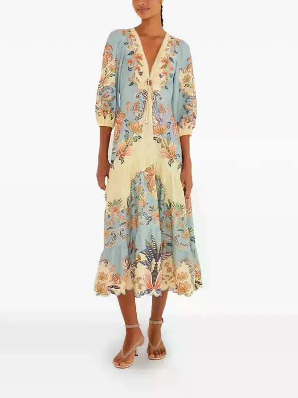 Farm Rio Floral Print V-neck Midi Dress - Blue