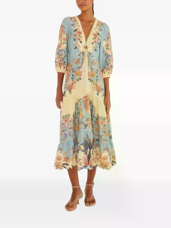 Farm Rio Floral Print V-neck Midi Dress - Blue