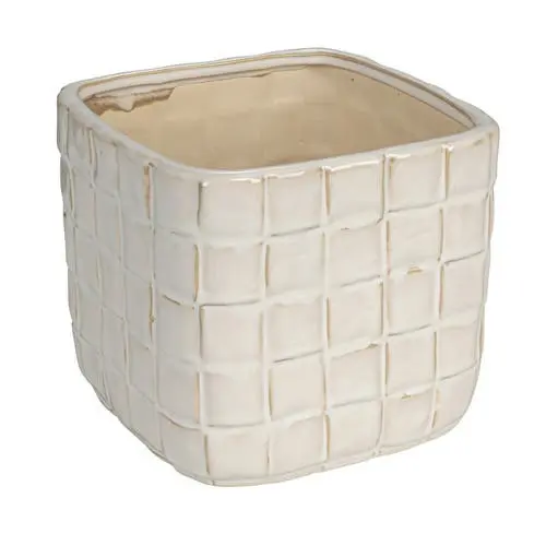 STORIED HOME Stoneware Planter With Debossed Woven Grid Pattern - White