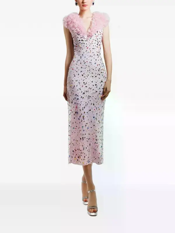 GEMY MAALOUF Beaded Ruffled Midi Dress