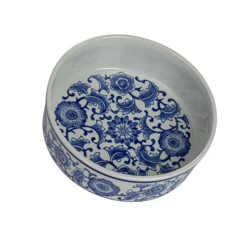 STORIED HOME Large Stoneware Pet Bowl With Design - Blue