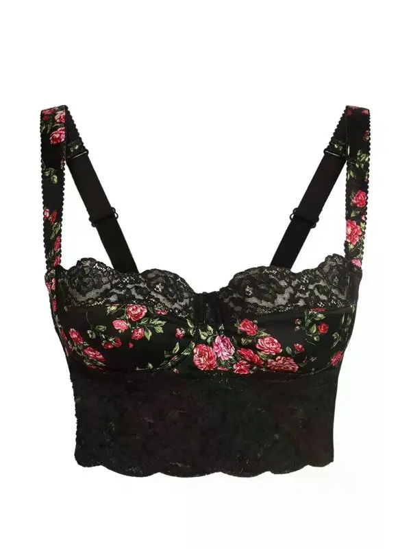 Dolce & Gabbana Small Rose Bouquets-print Satin And Lace Balconette - Black