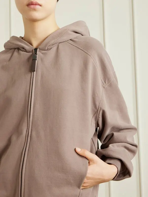 Brunello Cucinelli Bead-embellished Cotton-jersey Zip-up Hoodie - Brown