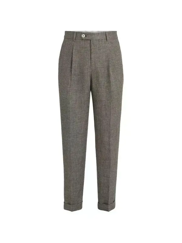 Brunello Cucinelli Linen Houndstooth Pleated Trousers - Brown