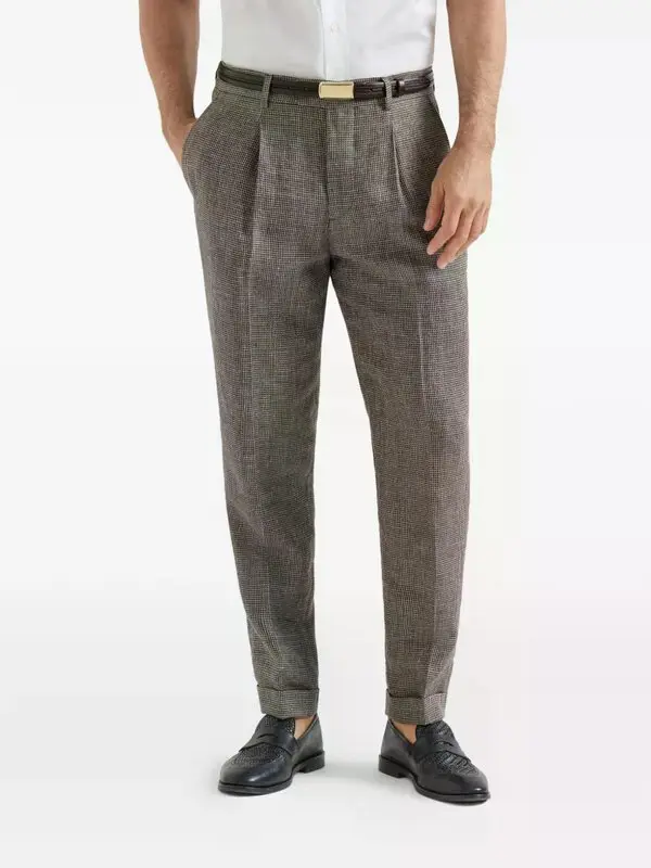 Brunello Cucinelli Linen Houndstooth Pleated Trousers - Brown