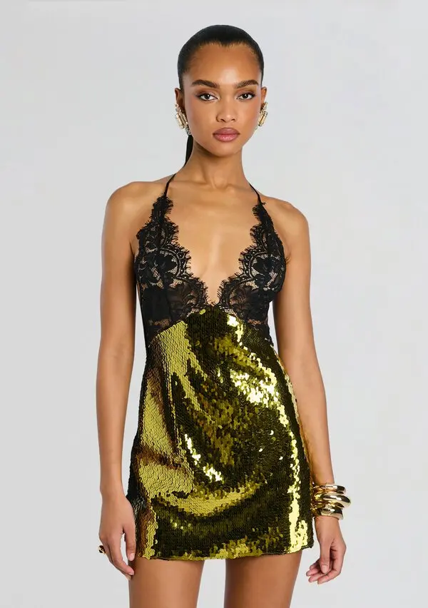 Retrofete Edda Lace Embellished Mini Dress - Ochre/black