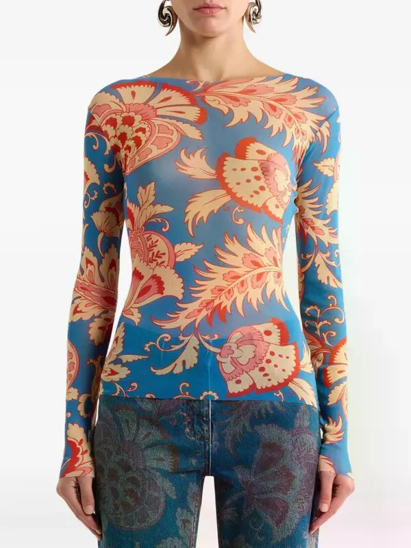 Etro Stretch Tulle Floral Motif Long Sleeve Top - Blue