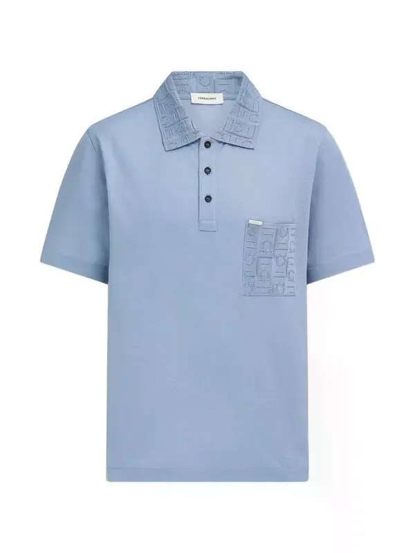 FERRAGAMO V-neck Polo With Jacquard Pocket Detail - Blue