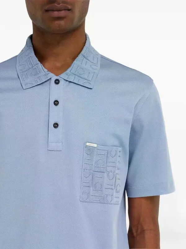 FERRAGAMO V-neck Polo With Jacquard Pocket Detail - Blue