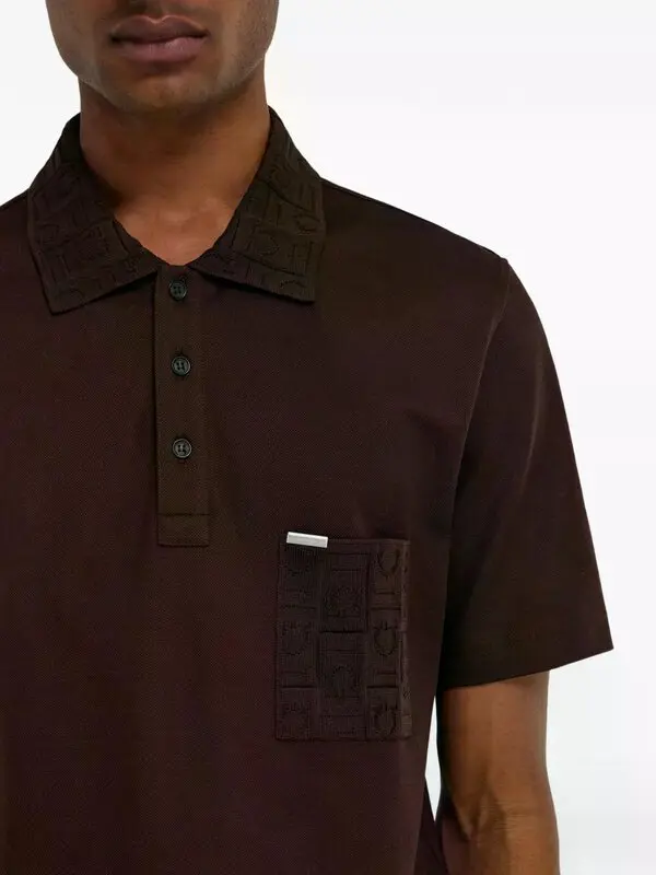 FERRAGAMO V-neck Polo With Jacquard Pocket Detail - Brown