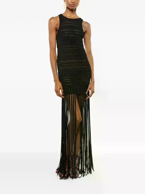 LANEUS Fringed Hem Knitted Dress - Black