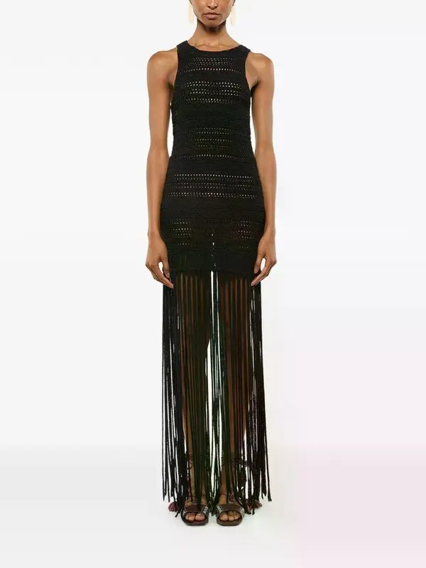 LANEUS Fringed Hem Knitted Dress - Black