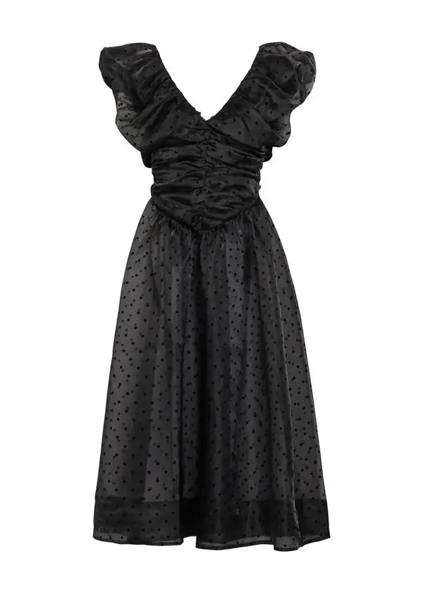 GANNI Polka-dot Ruched Organza Midi Dress