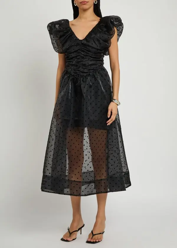 GANNI Polka-dot Ruched Organza Midi Dress