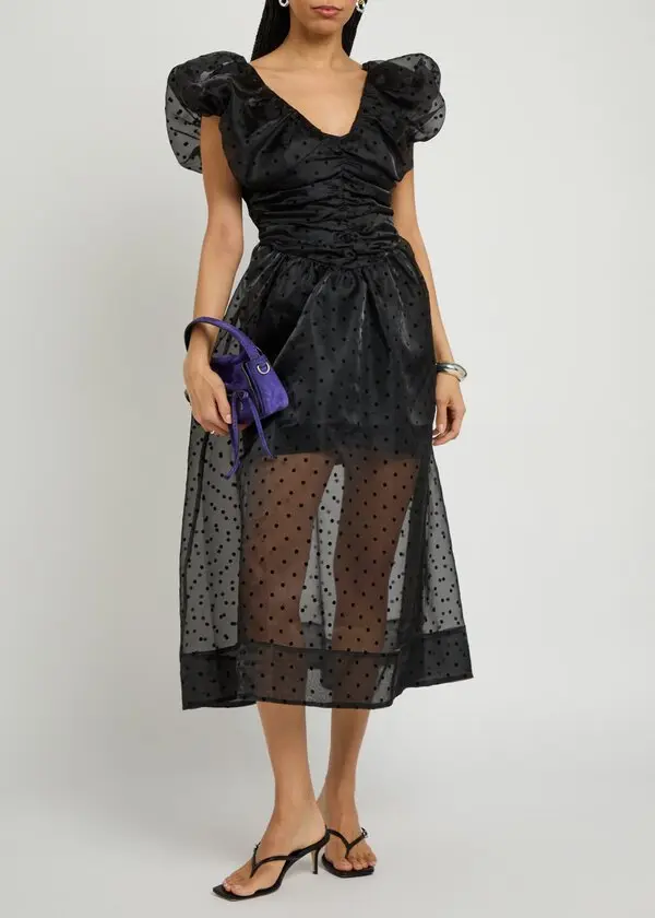 GANNI Polka-dot Ruched Organza Midi Dress
